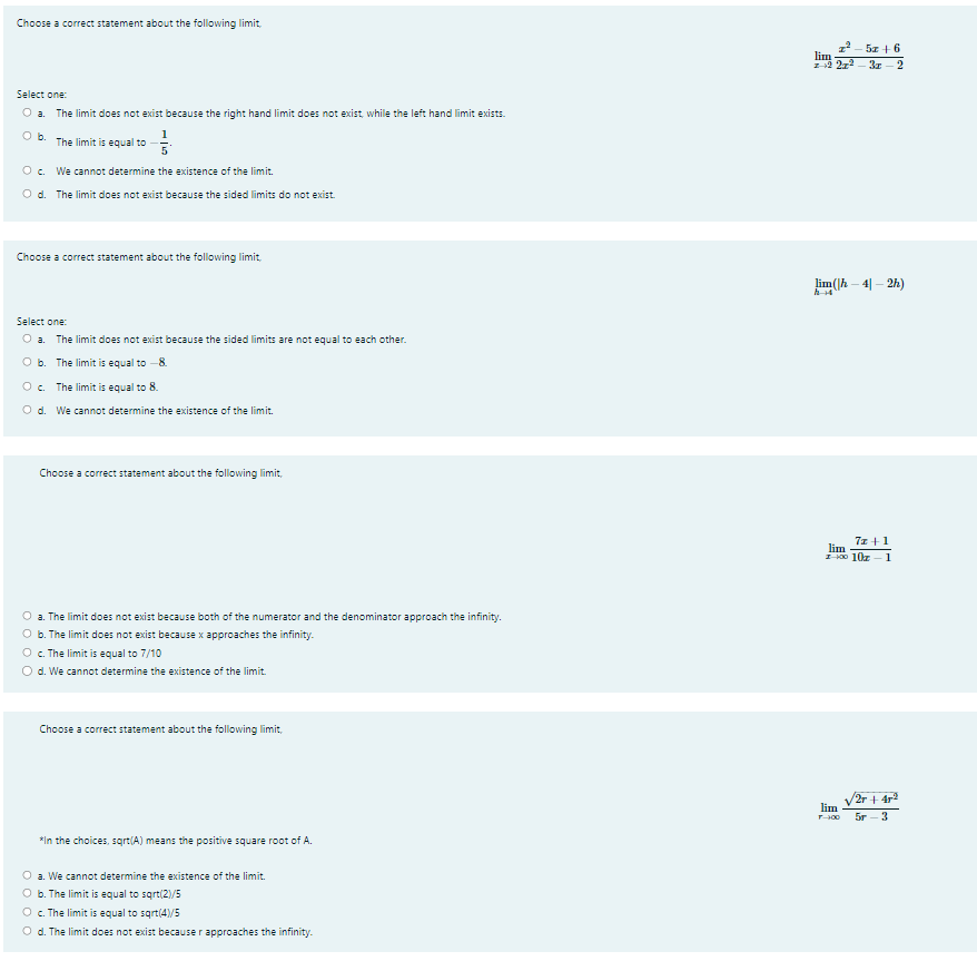 Solved Choose a correct statement about the following limit, | Chegg.com