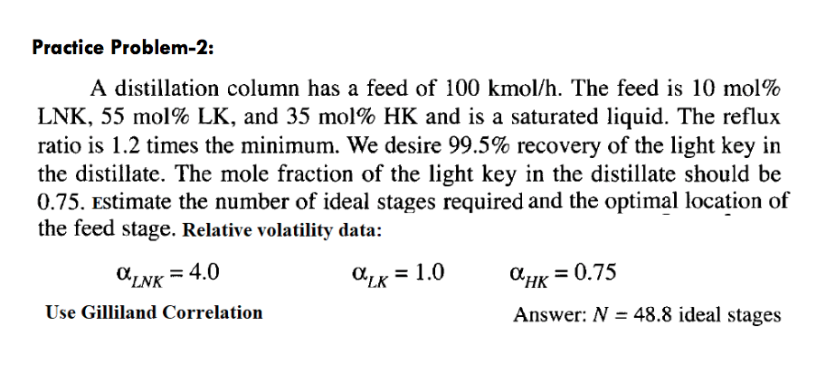 Solved Practice Problem-2: A distillation column has a feed | Chegg.com