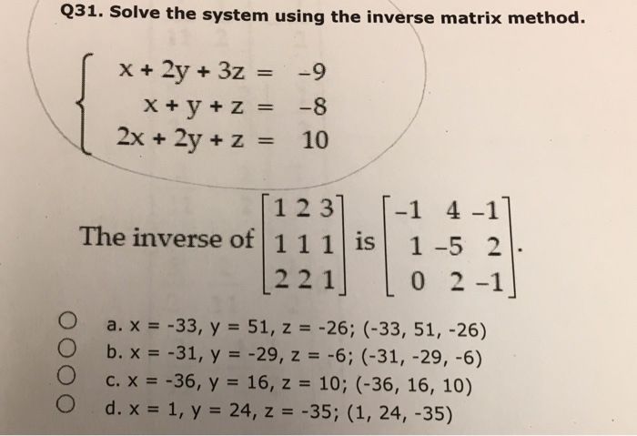 Solved 1. Solve the system using the inverse matrix method. | Chegg.com