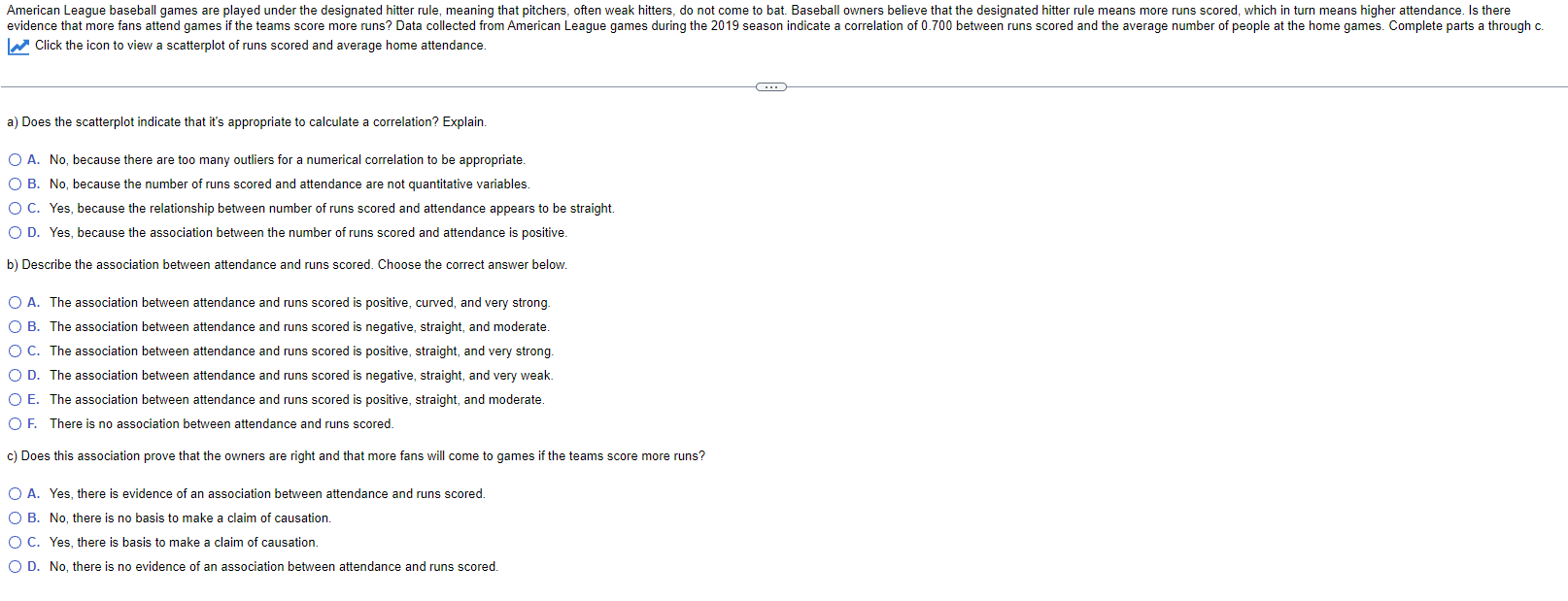Solved Click the icon to view a scatterplot of runs scored | Chegg.com
