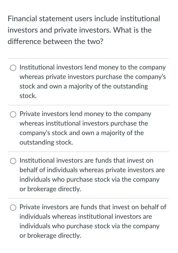 Solved Financial statement users include institutional | Chegg.com