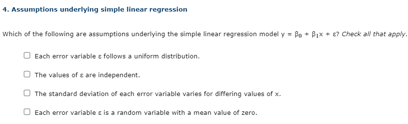 Solved 4. Assumptions underlying simple linear regression | Chegg.com