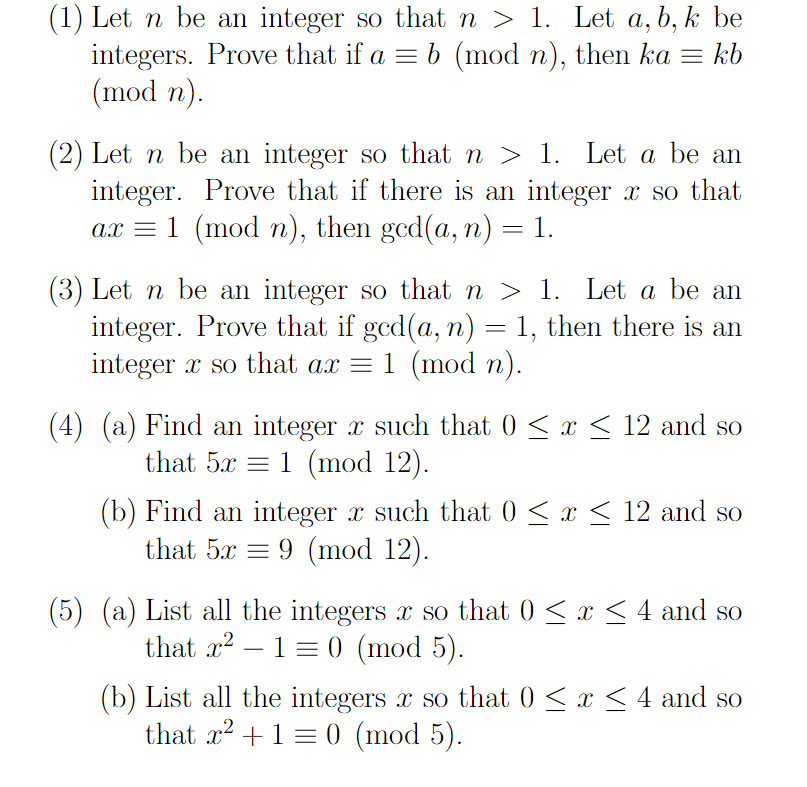 Solved (1) Let n be an integer so that n > 1. Let a, b, k be | Chegg.com