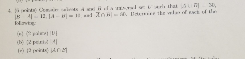 Solved 4. (6 points) Consider subsets A and B of a universal | Chegg.com