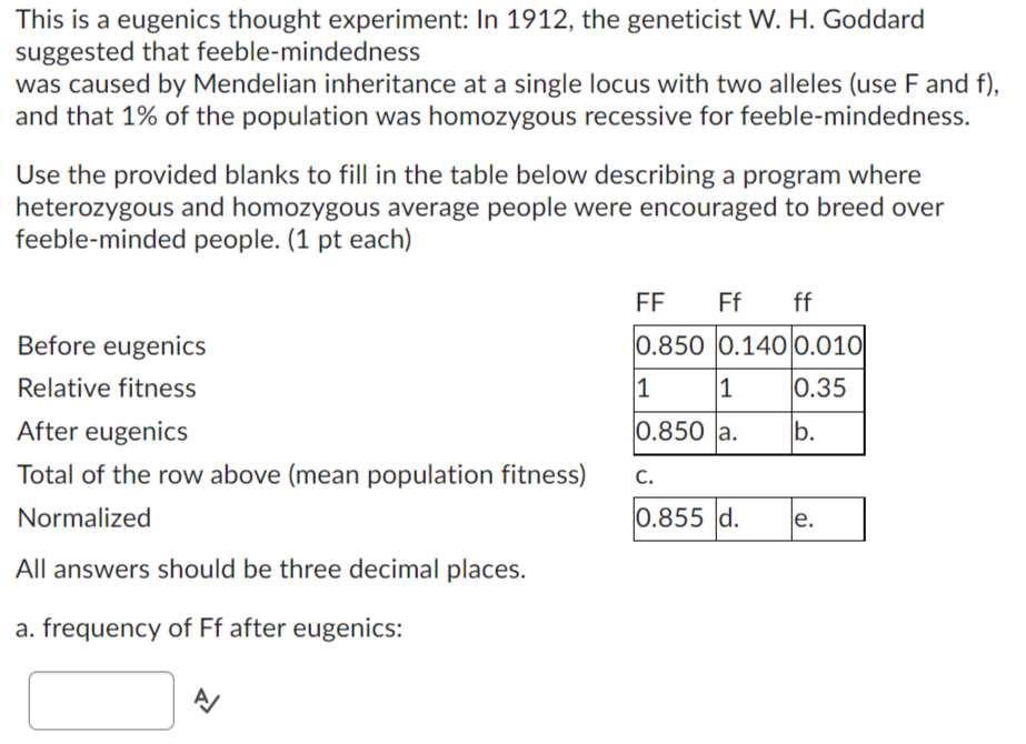 Solved This is a eugenics thought experiment: In 1912 , the | Chegg.com