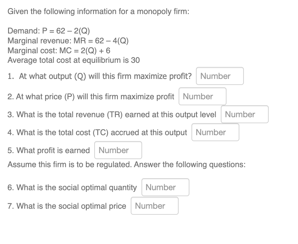 Solved Given the following information for a monopoly | Chegg.com