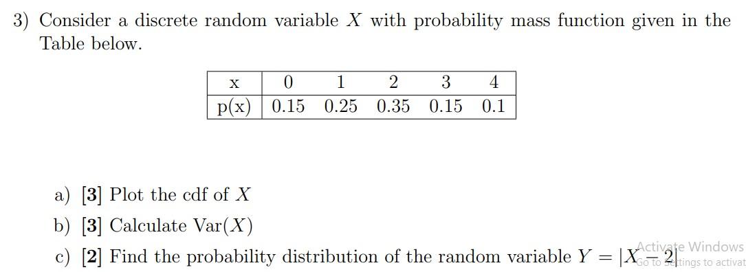 Solved 3) Consider a discrete random variable X with | Chegg.com