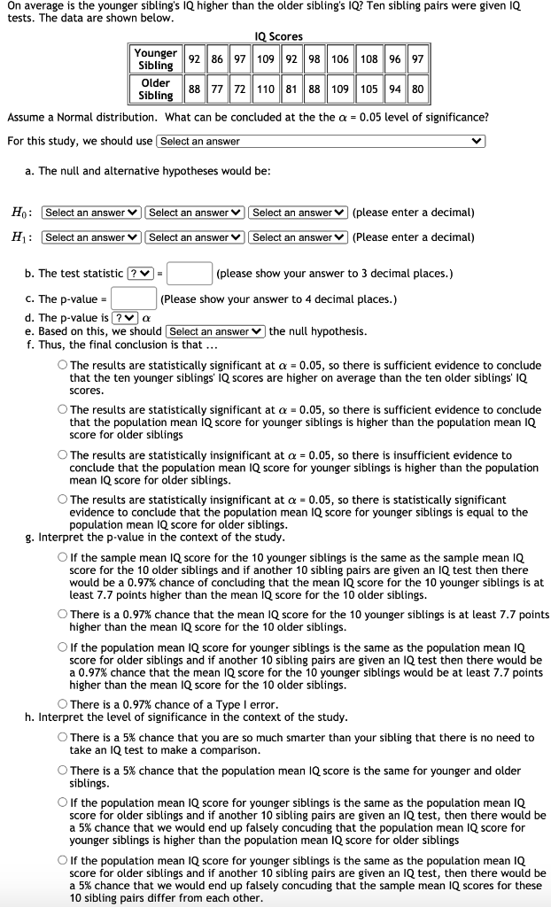 Solved On average is the younger sibling's IQ higher than | Chegg.com