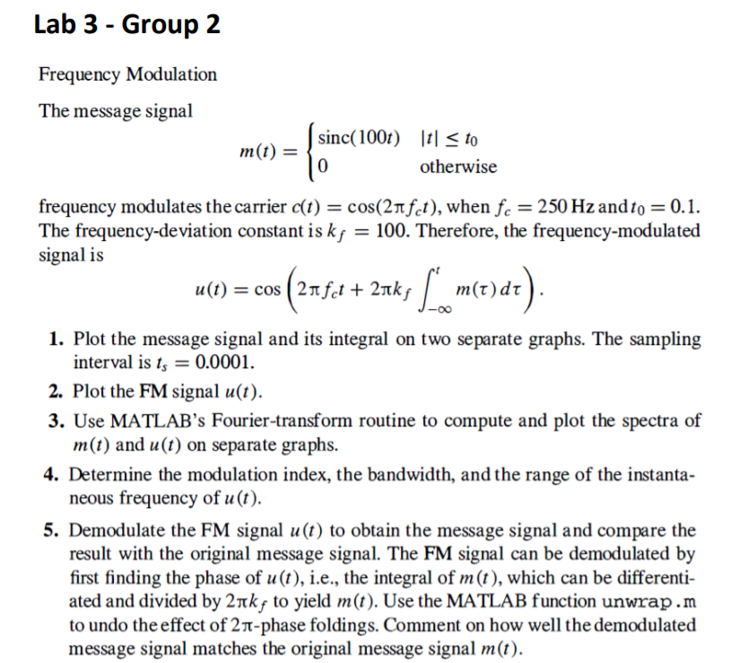 Solved Lab 3 - Group 2 Frequency Modulation The message | Chegg.com