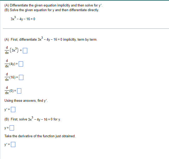 Solved (A) ﻿Differentiate the given equation implicitly and | Chegg.com