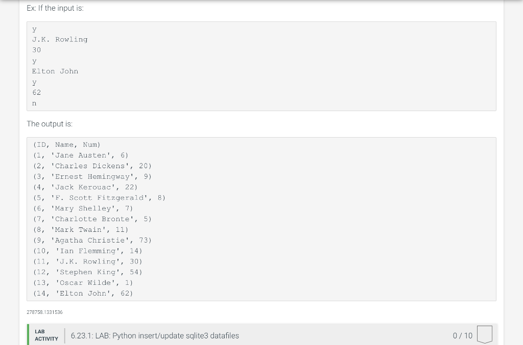 6.23 LAB: Python insert/update sqlite3 datafiles | Chegg.com