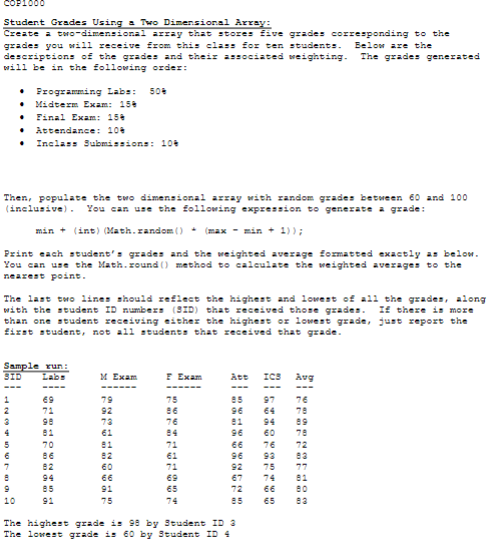 Solved COP1000 Studert Grades Using - Two Dimensional Array: | Chegg.com