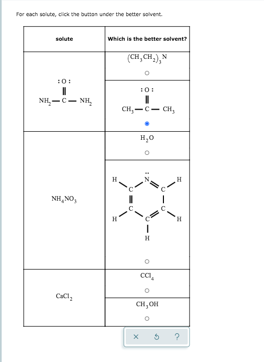 Solved For each solute, click the button under the better | Chegg.com