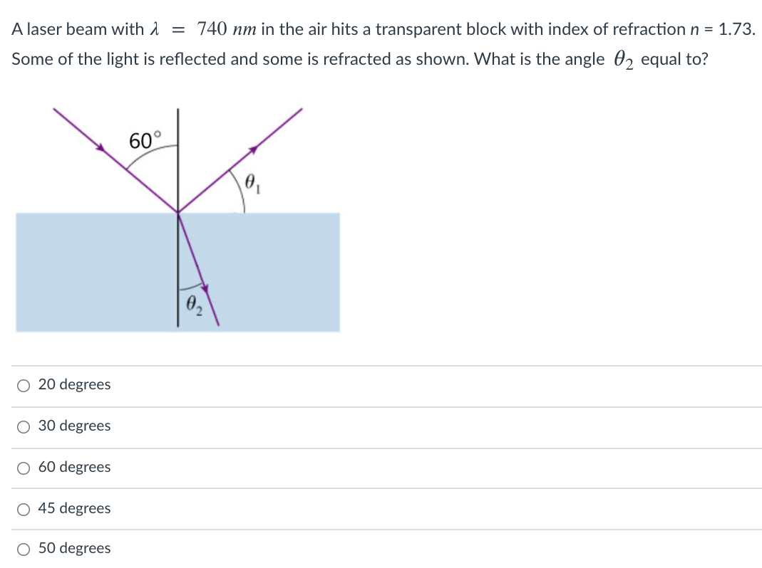 Solved A laser beam with 𝜆=740𝑛𝑚 in the air hits a | Chegg.com