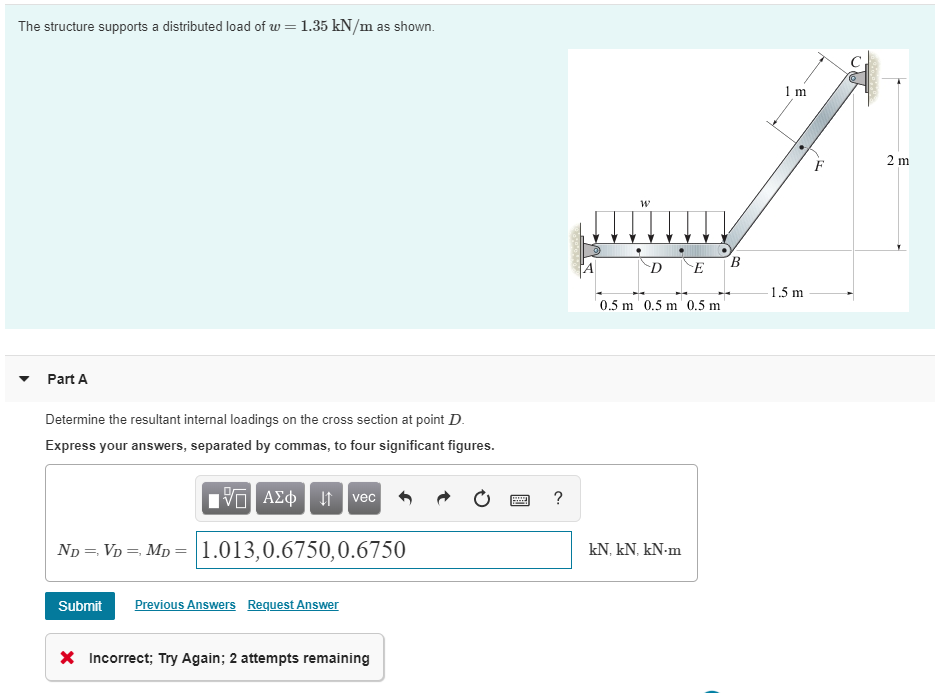 Solved The structure supports a distributed load of w= 1.35 | Chegg.com