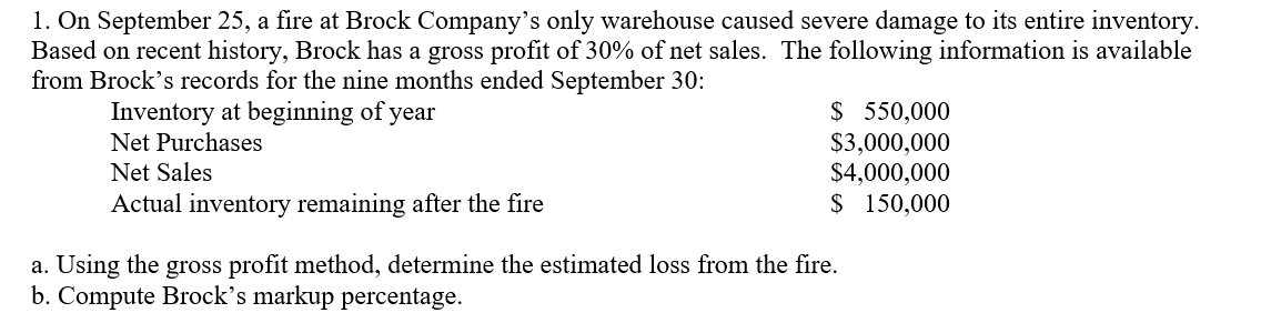 Solved 1. On September 25, a fire at Brock Company's only | Chegg.com