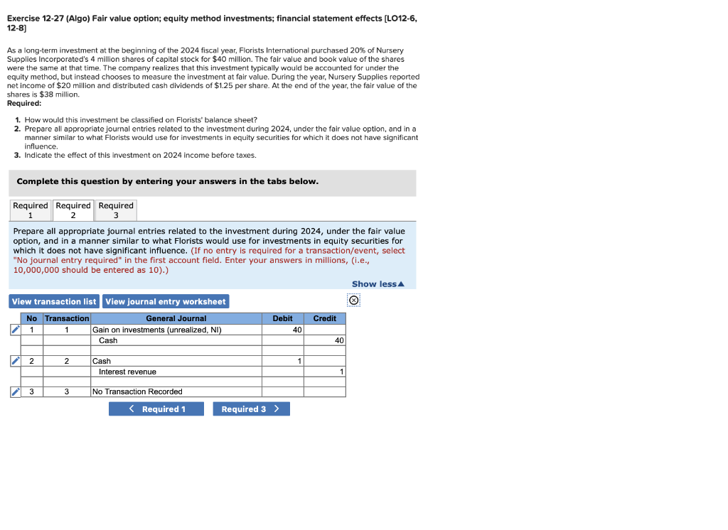 Solved Exercise 12−27 (Algo) Fair value option; equity | Chegg.com