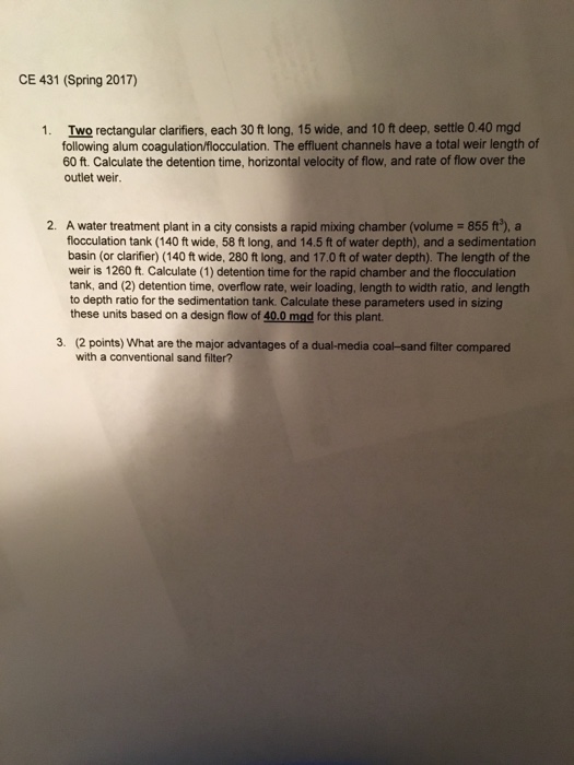 Solved Two rectangular clarifiers, each 30 ft long, 15 wide, | Chegg.com