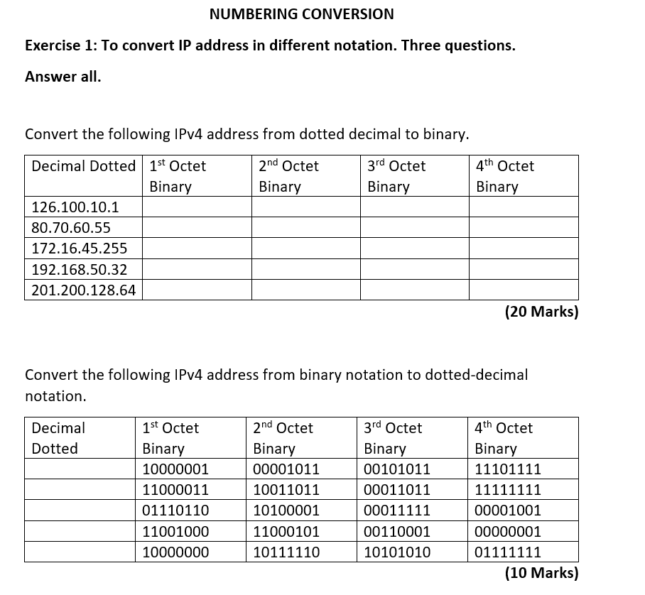Solved NUMBERING CONVERSION Exercise 1: To convert IP | Chegg.com Solved NUMBERING CONVERSION Exercise 1: To convert IP | Chegg.com