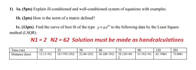 Solved 1) 1a. (5pts) Explain ill-conditioned and | Chegg.com