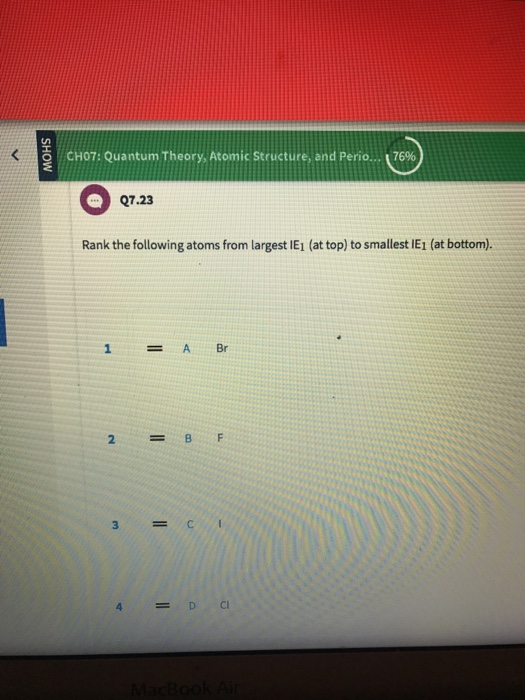 Solved CH07: Quantum Theory, Atomic Structure, and Perio 76% | Chegg.com