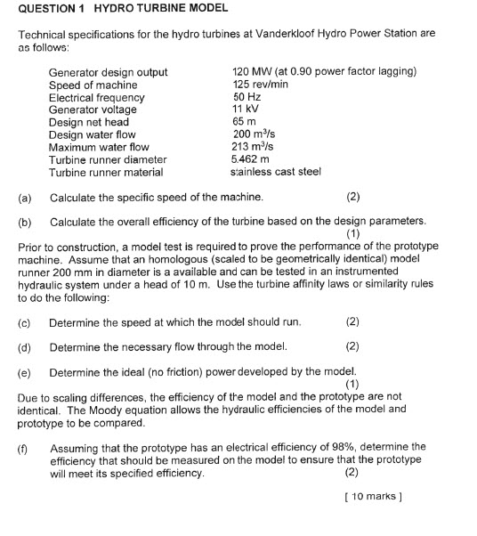 Solved QUESTION 1 HYDRO TURBINE MODEL Technical | Chegg.com