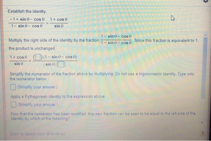 Solved Establish the identity -1 + sin θ-cos θ 1 + cos 0 1 | Chegg.com