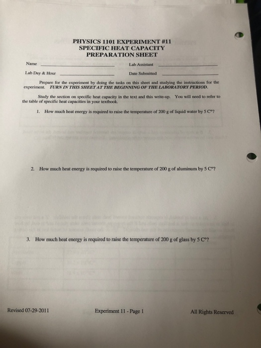 Solved PHYSICS 1101 EXPERIMENT #11 SPECIFIC HEAT CAPACITY | Chegg.com