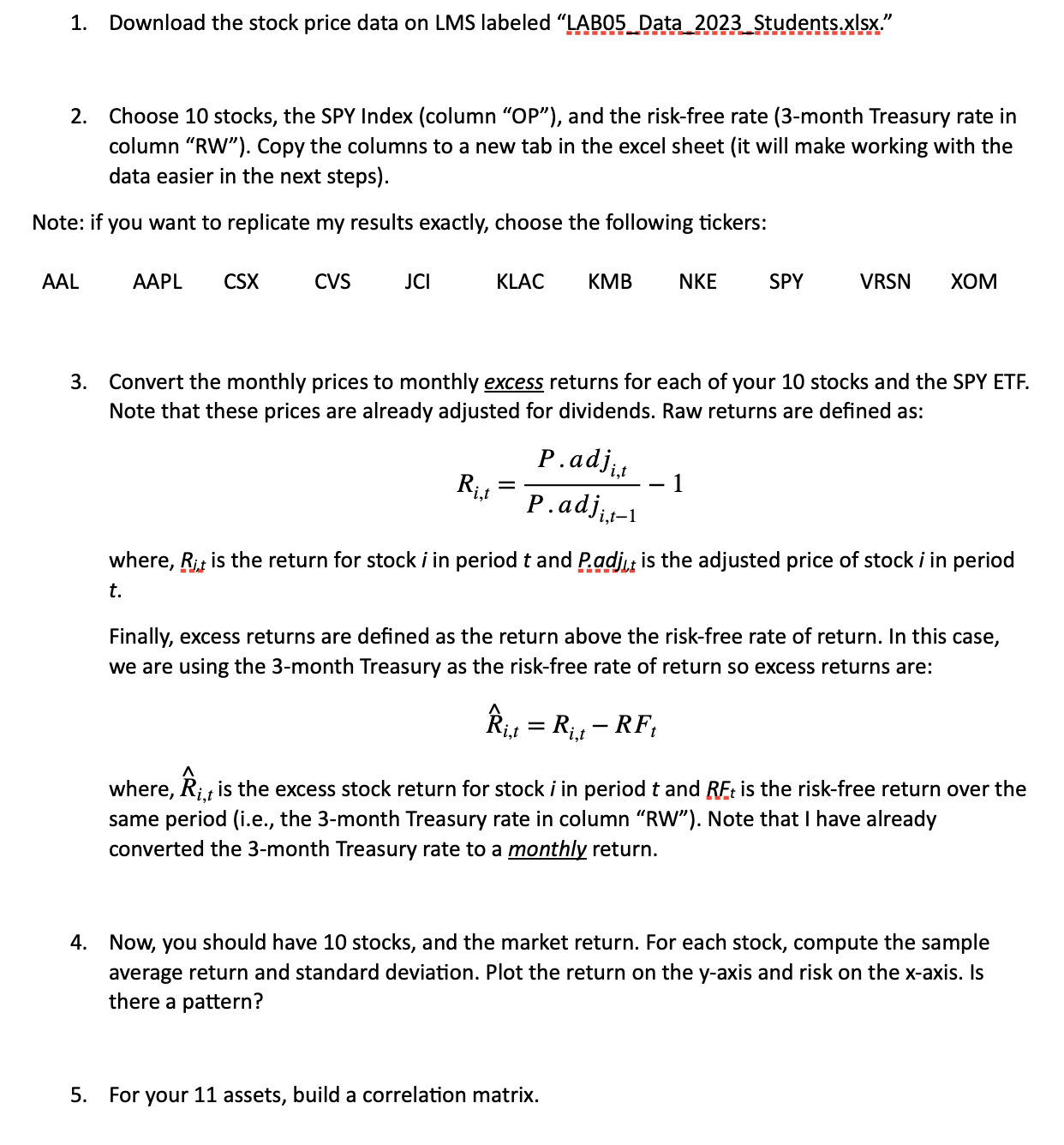 Solved 1. Download the stock price data on LMS labeled | Chegg.com