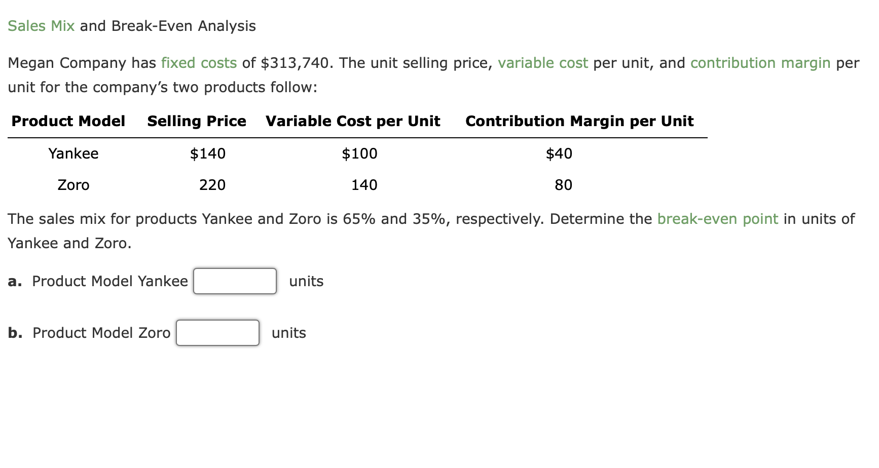 Solved Sales Mix and Break-Even Analysis Megan Company has | Chegg.com