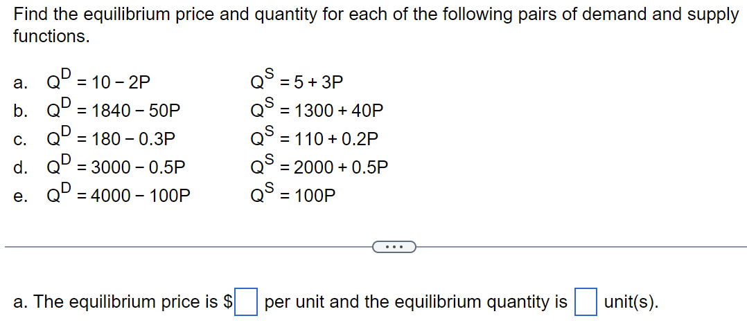 Solved Find the equilibrium price and quantity for each of | Chegg.com