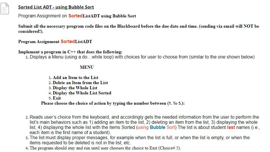 Solved Sorted List ADT - using Bubble Sort Program | Chegg.com