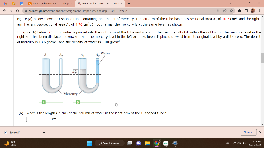 Solved Figure (a) below shows a U-shaped tube containing an | Chegg.com
