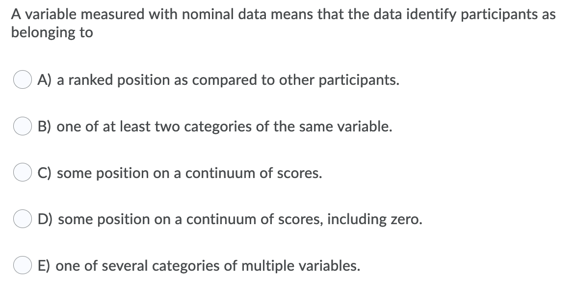 Solved A variable measured with nominal data means that the | Chegg.com