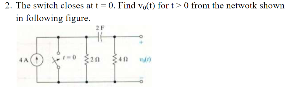 Solved 2. The switch closes at t=0. Find v0(t) for t>0 from | Chegg.com Solved 2. The switch closes at t=0. Find v0(t) for t>0 from | Chegg.com