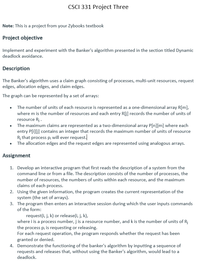 Solved CSCI 331 Project Three Note: This is a project from | Chegg.com