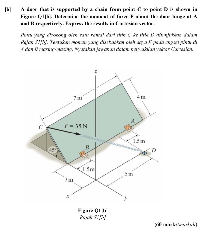 Solved [b] A door that is supported by a chain from point C | Chegg.com