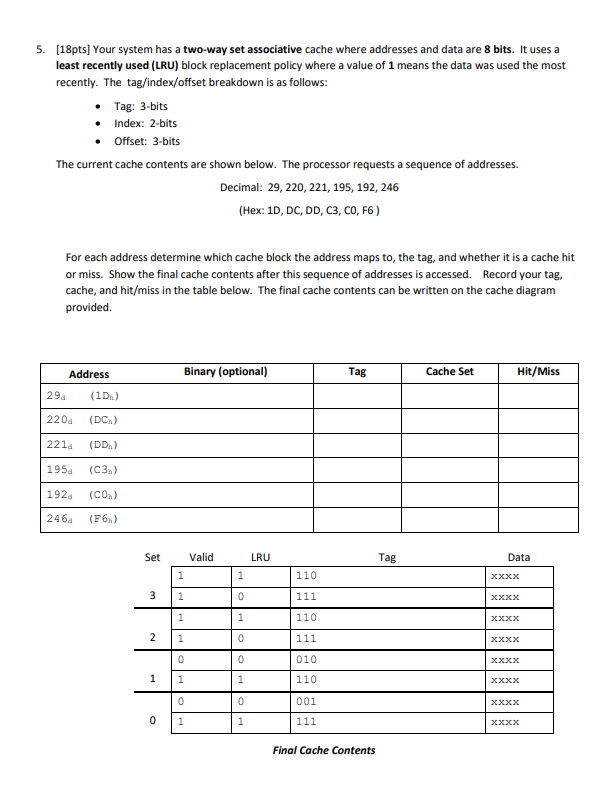 5. [18pts] Your system has a two-way set associative | Chegg.com