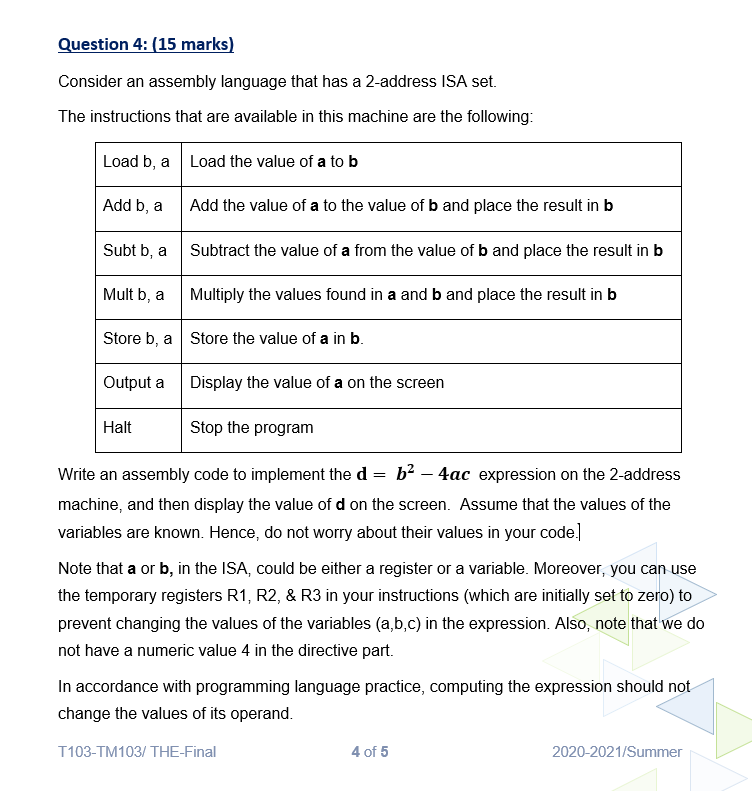 Solved Question 4: (15 marks) Consider an assembly language | Chegg.com