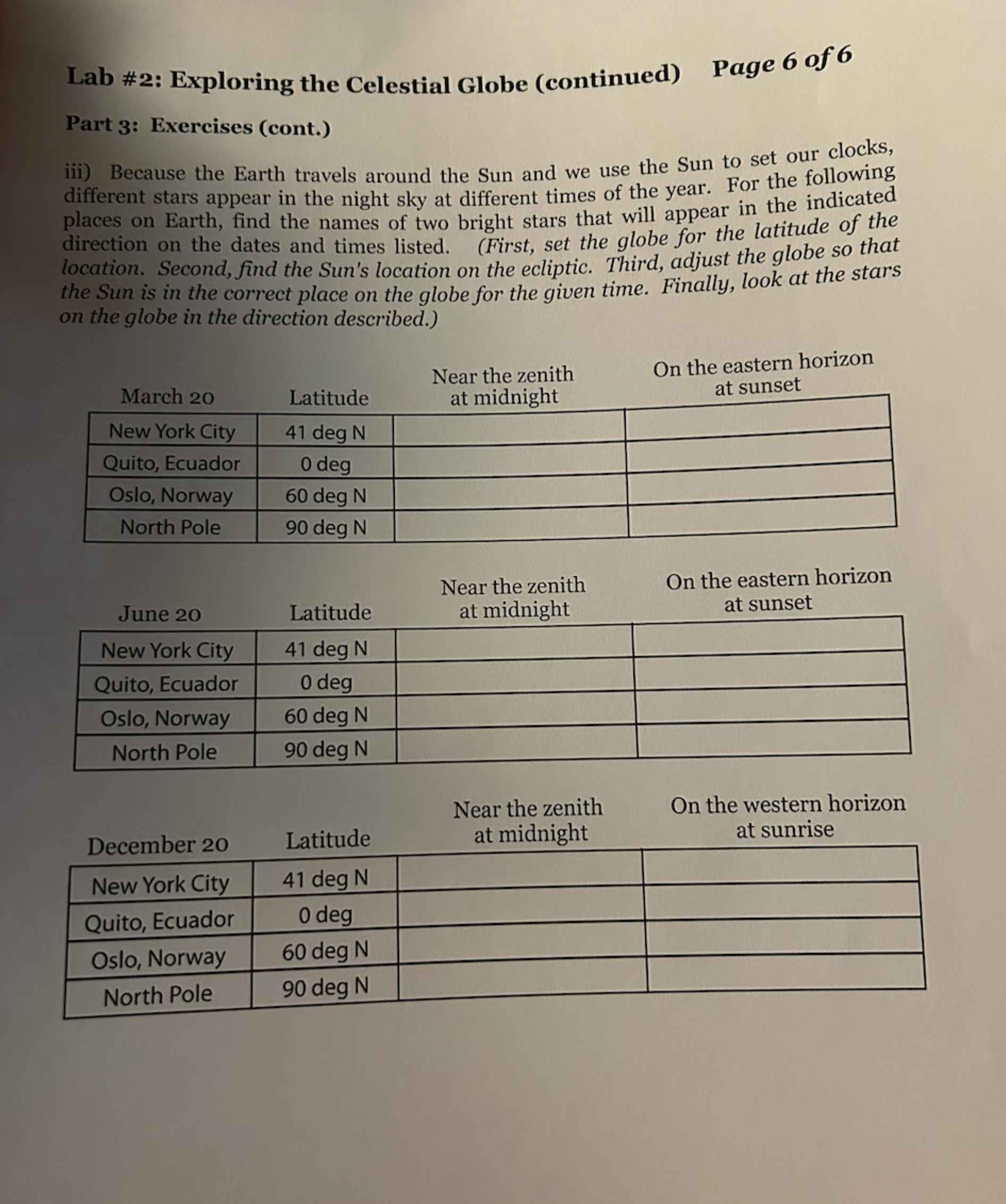Solved Lab #2: Exploring the Celestial Globe (continued) | Chegg.com