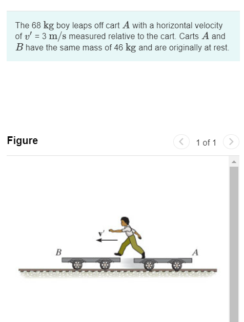 Solved The 68 kg boy leaps off cart A with a horizontal | Chegg.com