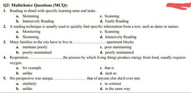 Solved Q2: Multichoice Questions (MCQ): 1. Reading in detail | Chegg.com