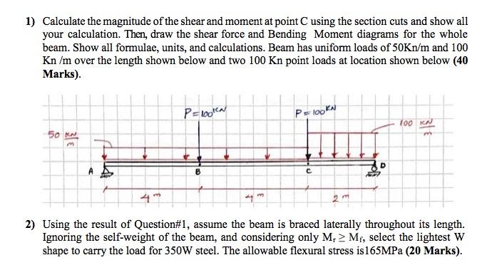 Solved 1) Calculate the magnitude of the shear and moment at | Chegg.com