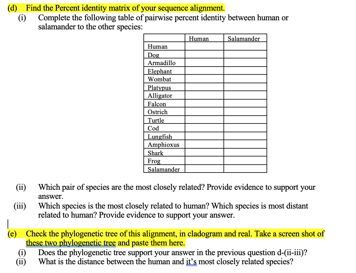 Solved (d) Find the Percent identity matrix of your sequence | Chegg.com