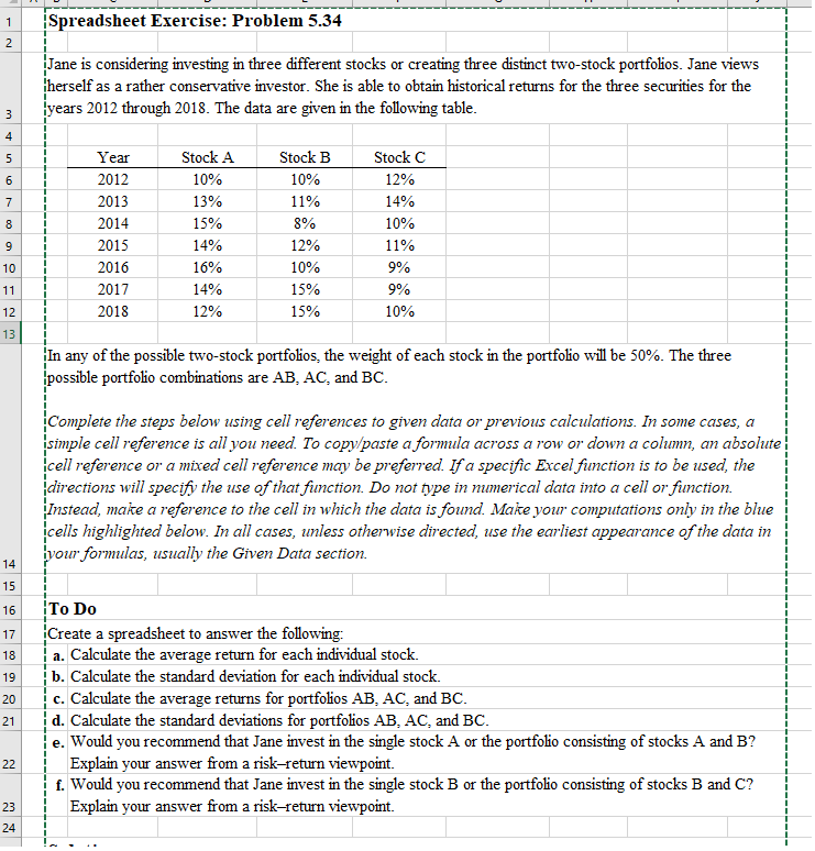 Solved 1 Spreadsheet Exercise: Problem 5.34 2 Jane is | Chegg.com