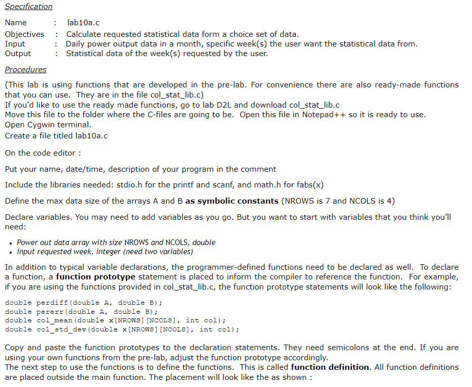 Specification Name lab10a.c Objectives Calculate | Chegg.com