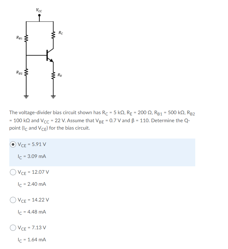 Solved VOC RC RBI RB2 ş RE The voltage-divider bias circuit | Chegg.com