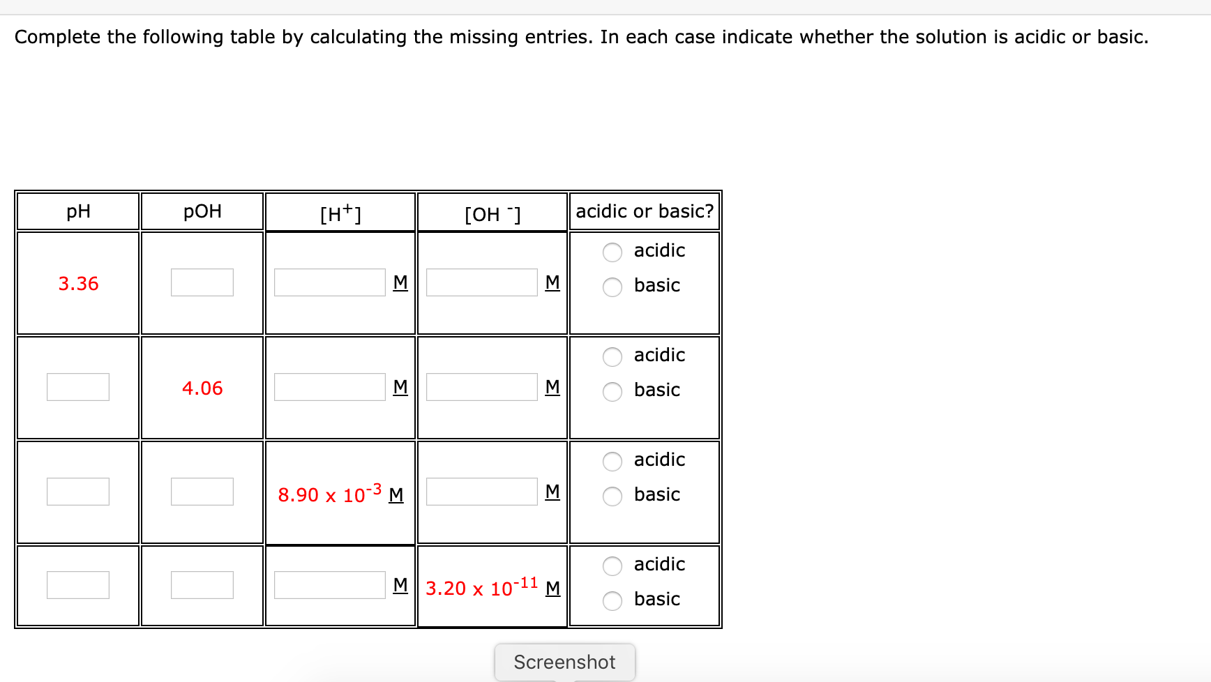 Solved Complete the following table by calculating the | Chegg.com