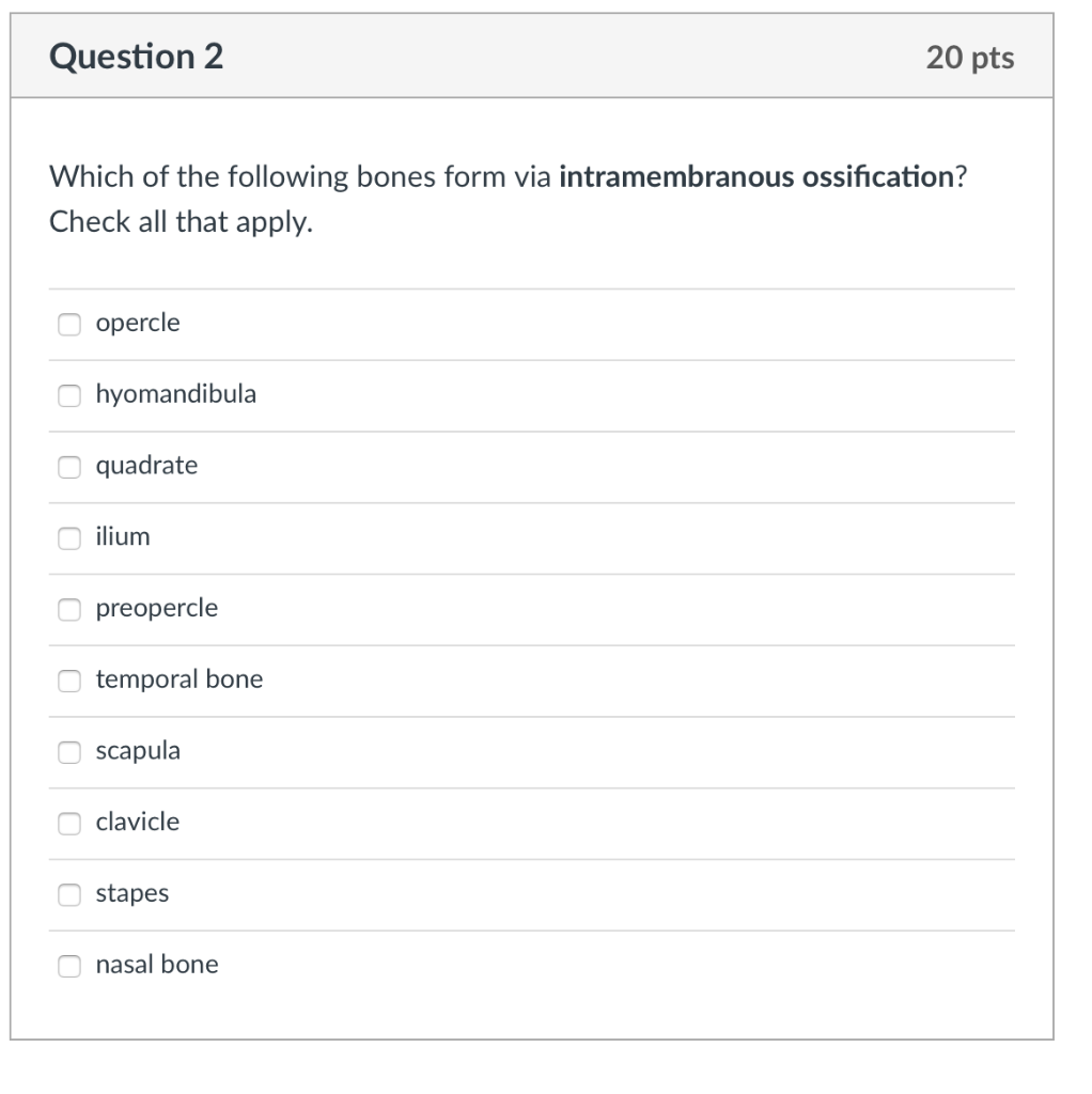 Solved Which of the following bones form via intramembranous | Chegg.com