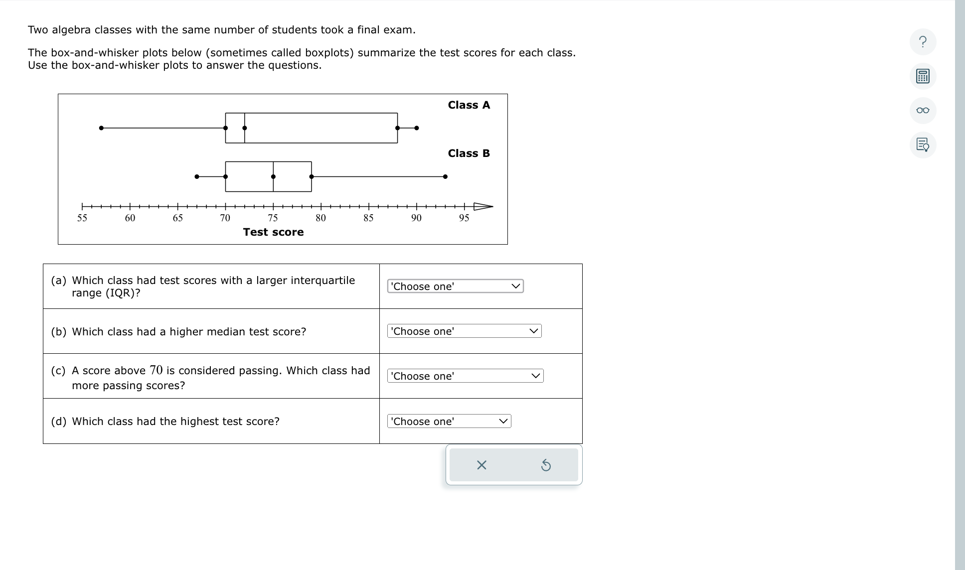 Solved Two algebra classes with the same number of students | Chegg.com